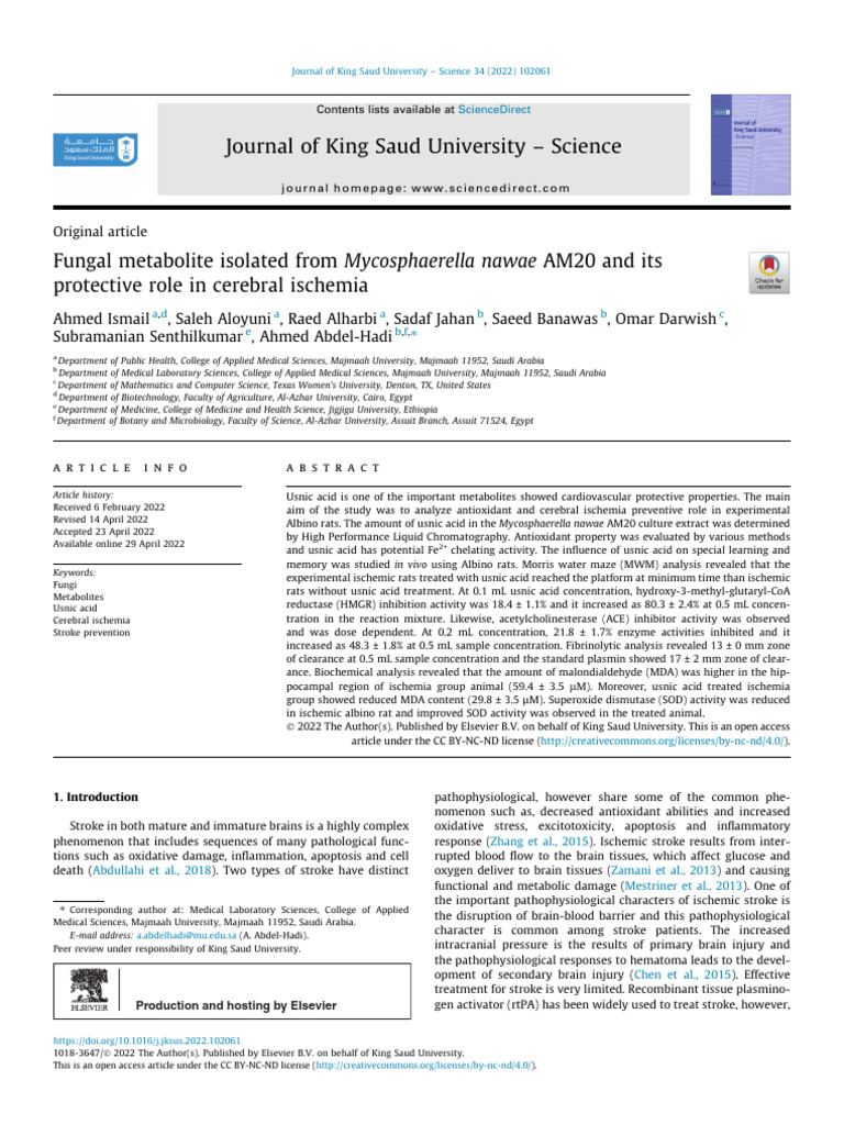 Fungal Metabolite Isolated From Mycosphaerella Naw 2022 Journal of King Saud | PDF | Stroke ...
