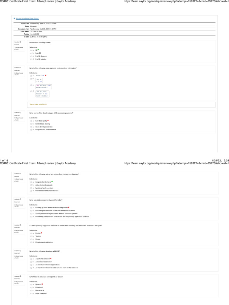 Back To 'Certificate Final Exam/': Correct 1.00 Points Out of 1.00 | PDF | Databases ...