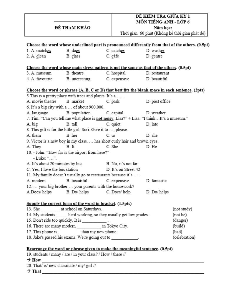 English Midterm Exam Sample for Grade 6 | PDF