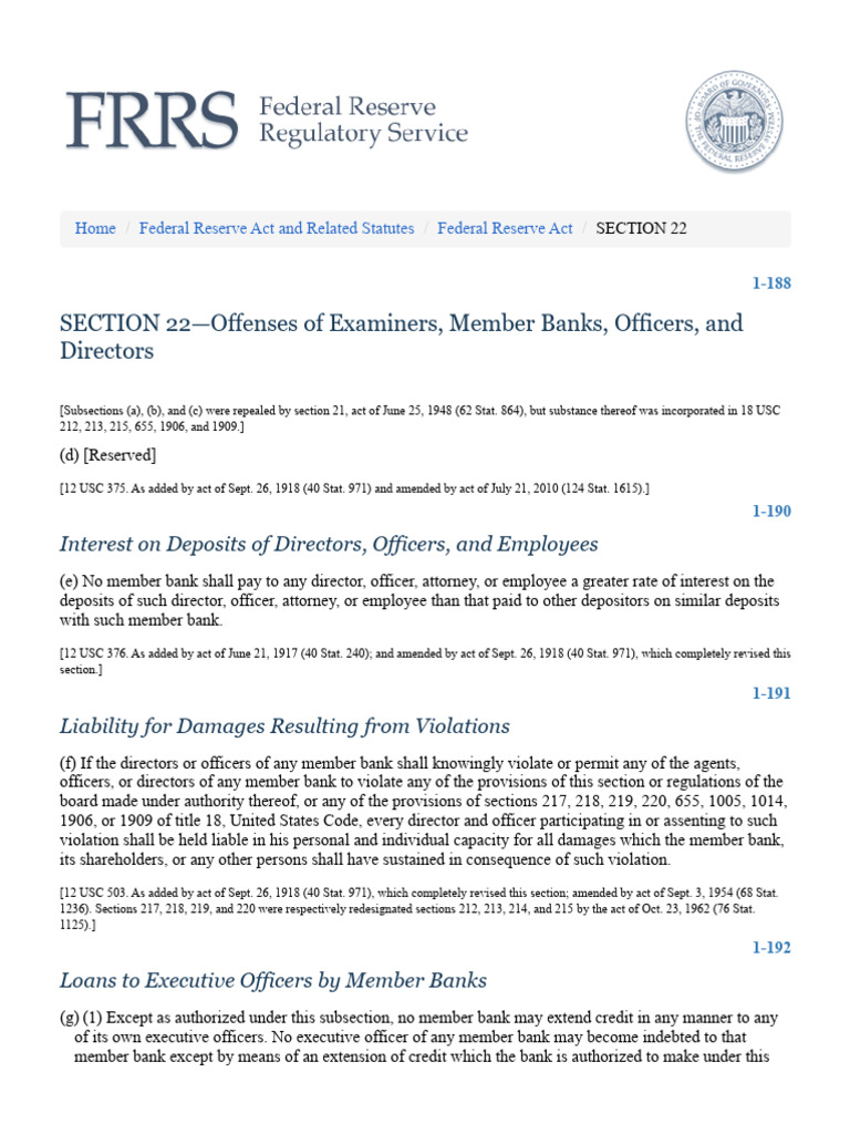 Federal Reserve Act: Section 22 Overview | PDF | Banks | United States Code
