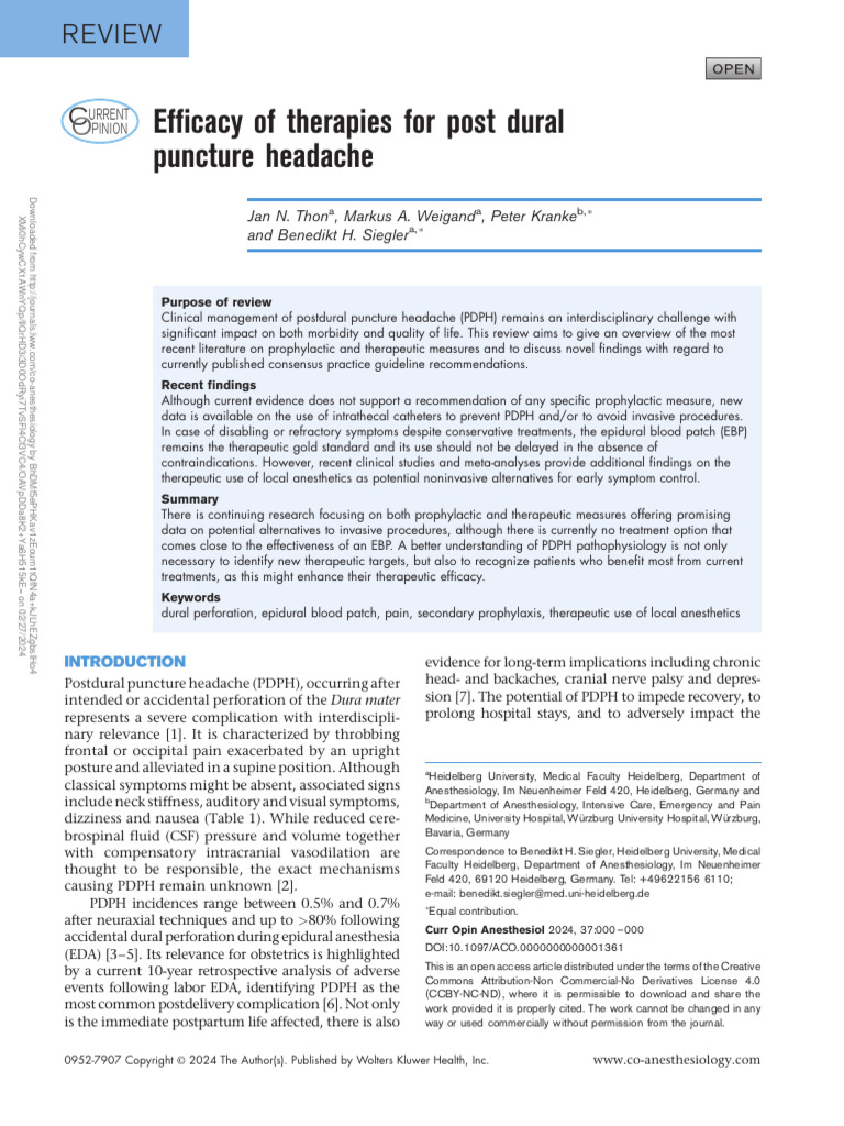 Efficacy of Therapies For Post Dural Puncture Headache | PDF | Headache ...