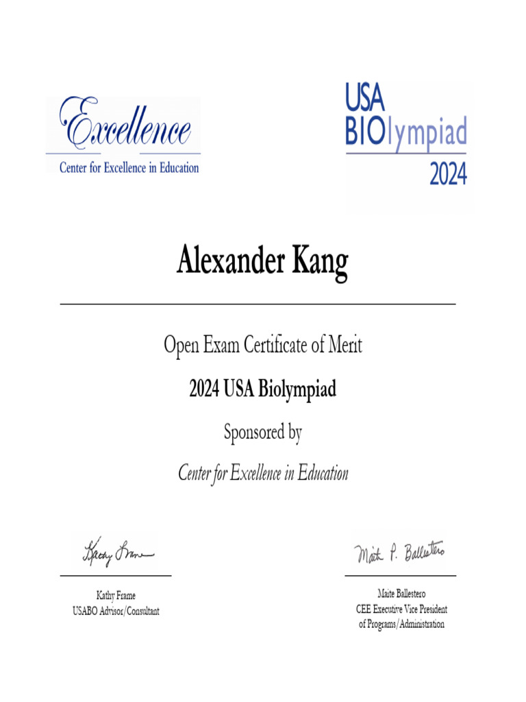 Alexander Kang - 2024 USABO OE Merit Certificate | PDF Alexander Kang - 2024 USABO OE Merit Certificate | PDF