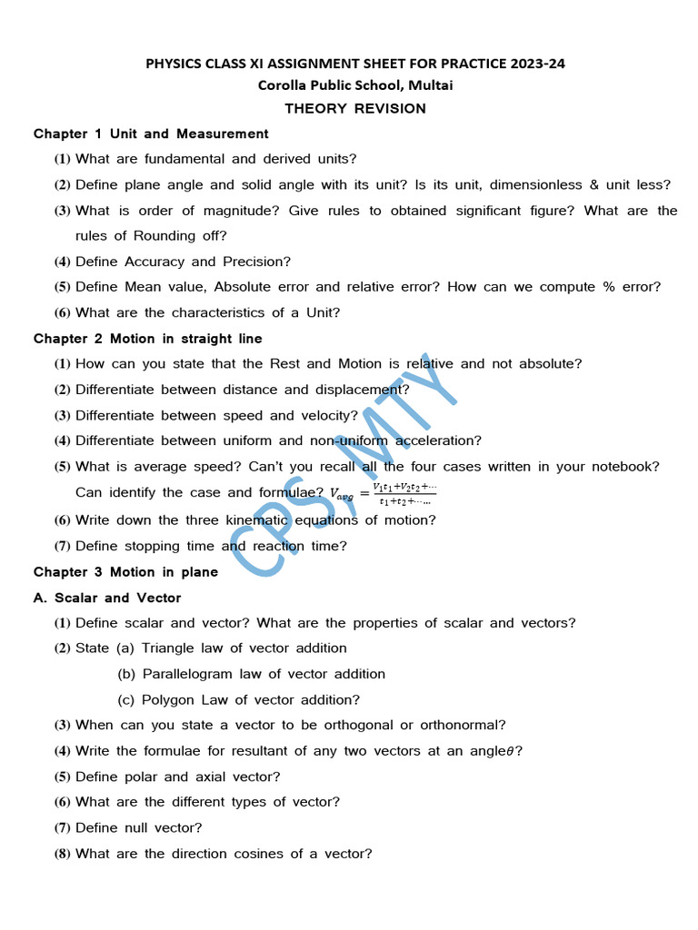 Physics Class Xi Theory Assignment Sheet For Practice 2023 | PDF | Rotation Around A Fixed Axis ...