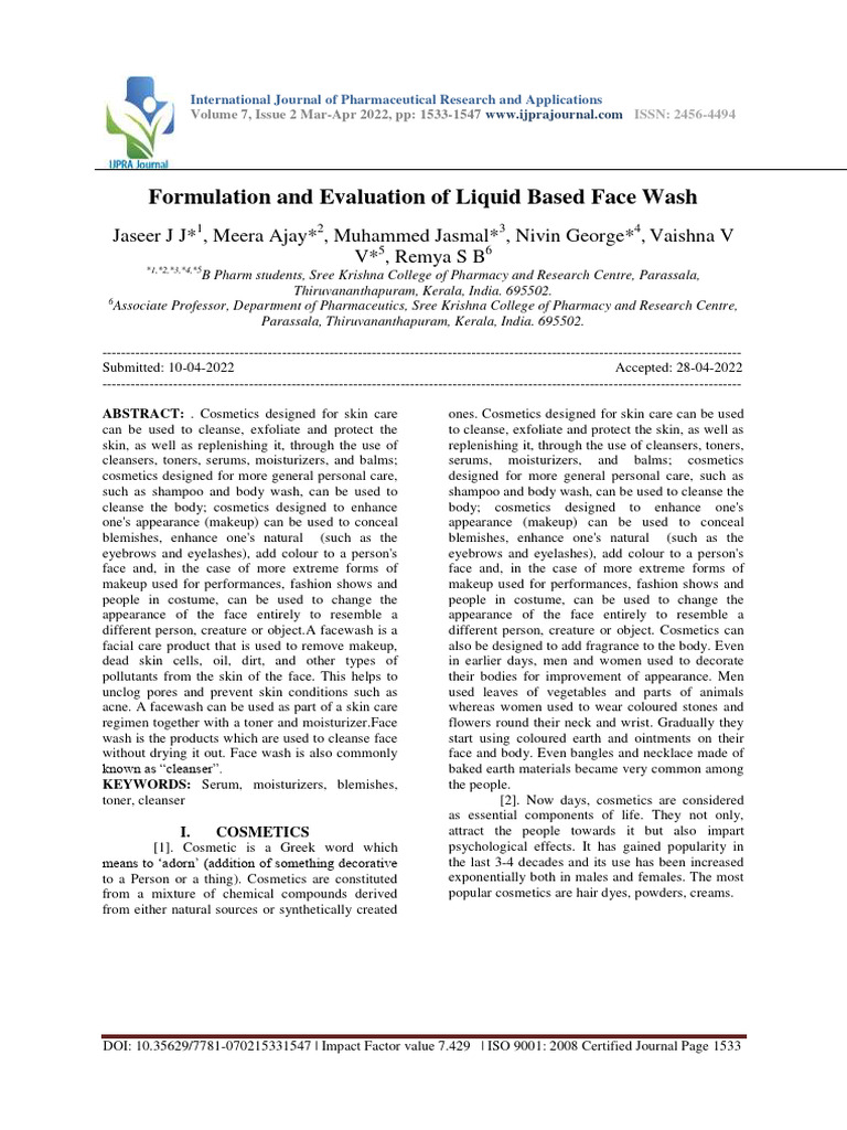 Liquid Face Wash Formulation | PDF | Cosmetics | Skin Care