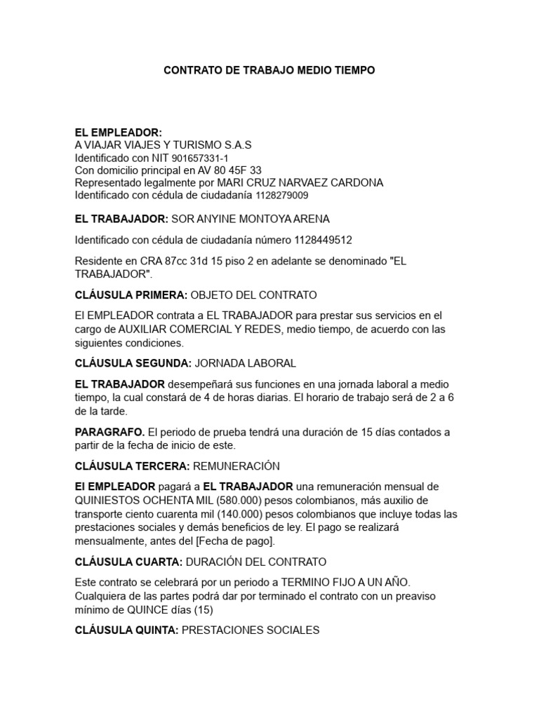 Contrato de Trabajo Medio Tiempo | Descargar gratis PDF | Derecho ...