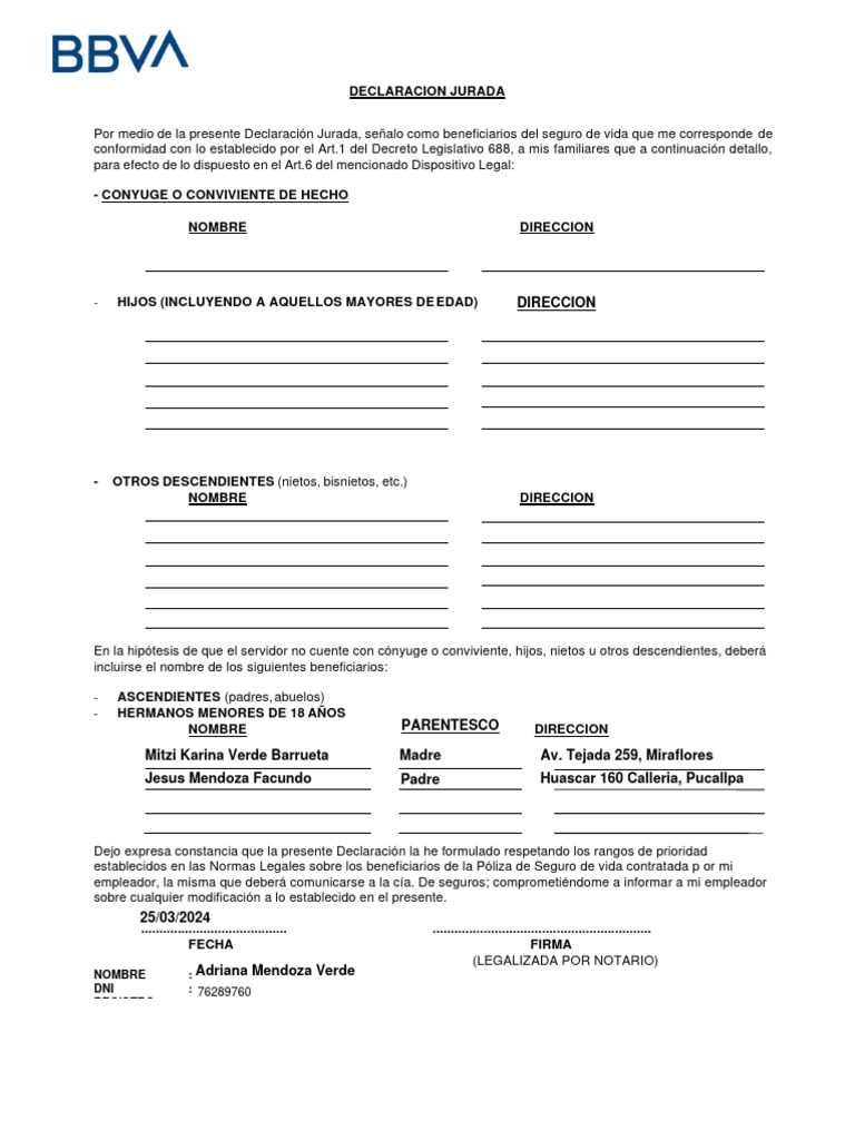 Declaración Jurada Vida Ley | PDF | Derecho