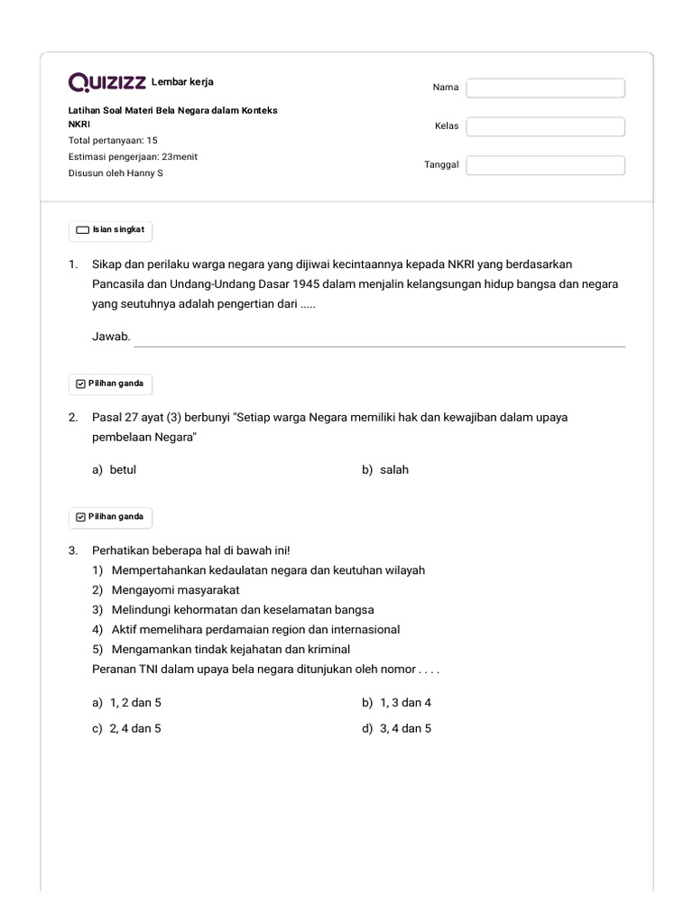 Latihan Soal Materi Bela Negara Dalam Konteks NKRI - Quizizz | PDF
