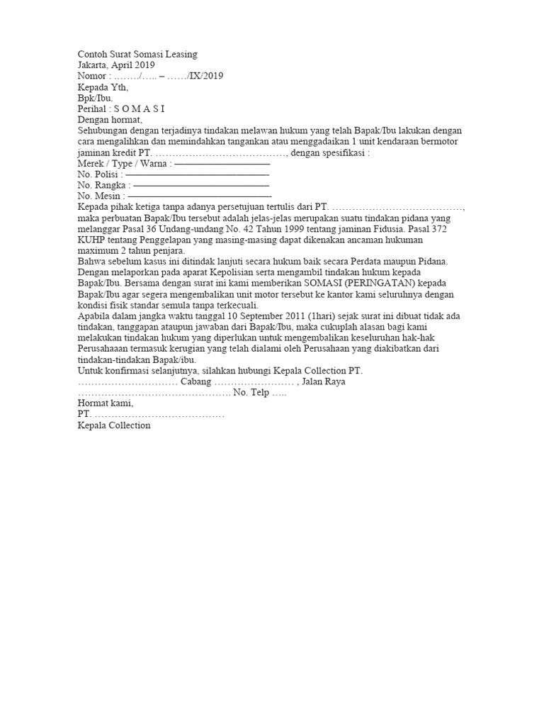 Contoh Surat Somasi Leasing | PDF