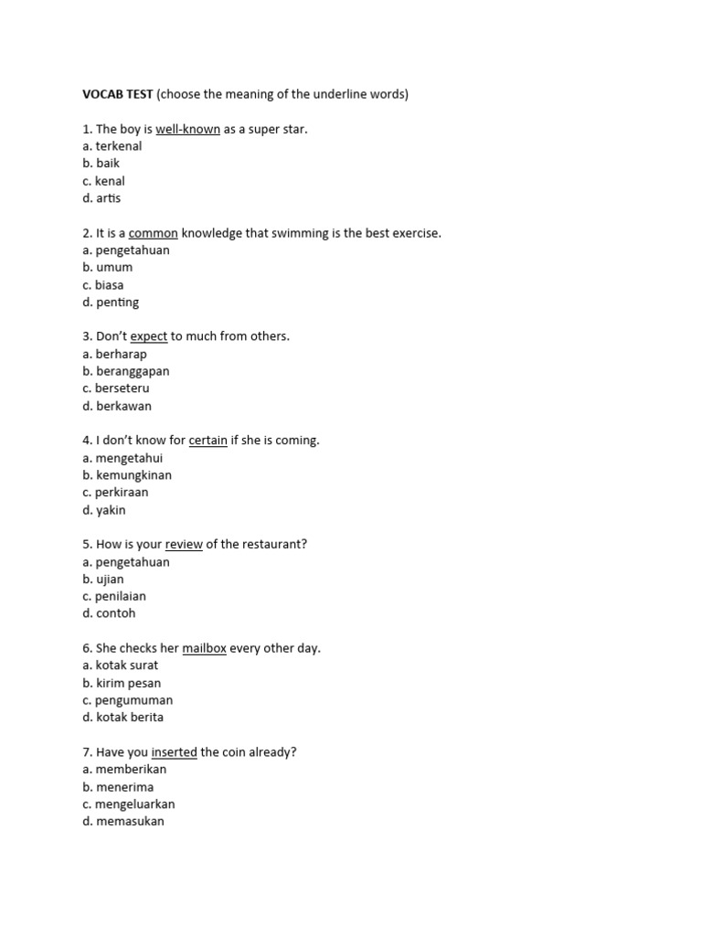 Vocabulary Test: Choose Word Meanings | PDF