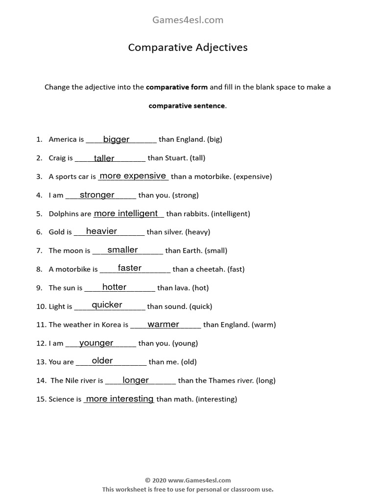 Comparative Adjectives Worksheet | PDF | Games & Activities | Language ...