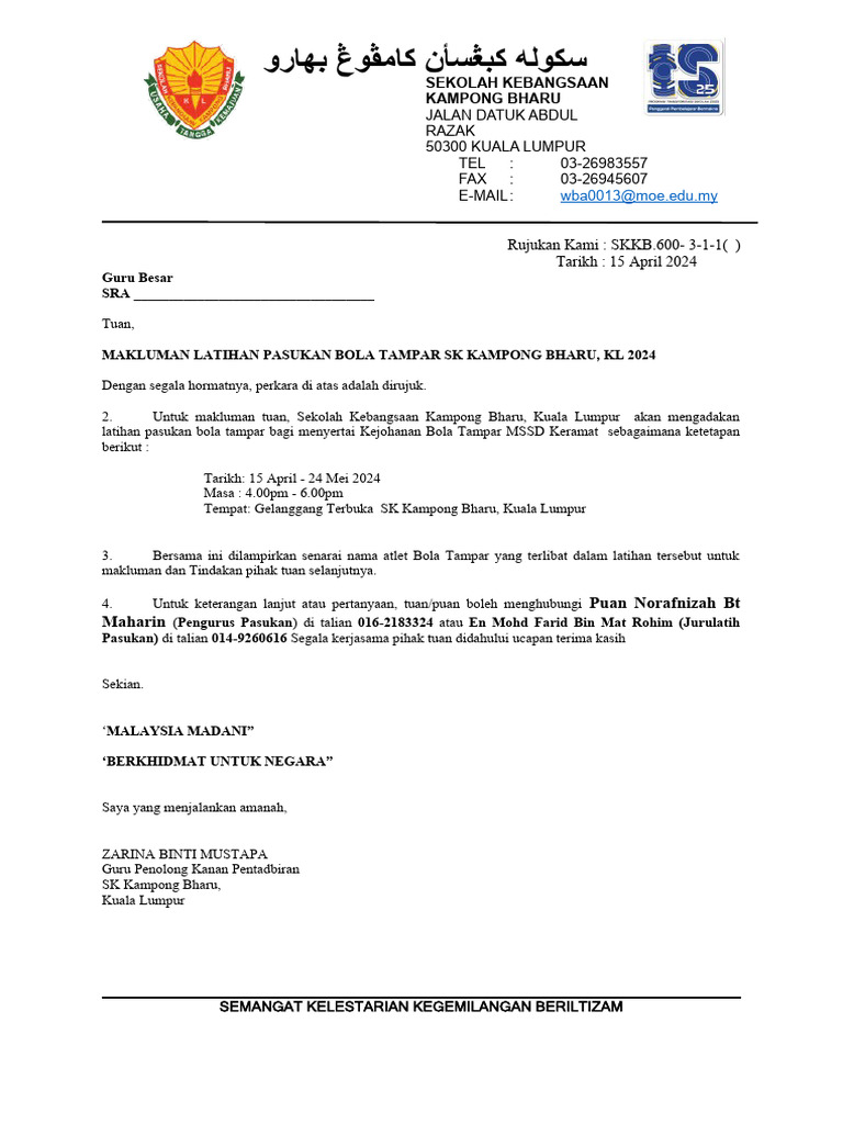 Surat Maklum LATIHAN BOLA TAMPAR 2023 | PDF Surat Maklum LATIHAN BOLA TAMPAR 2023 | PDF