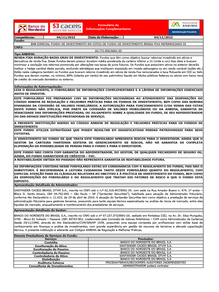 Formulário de Informações Complementares - BNB Especial FIC FI Renda ...