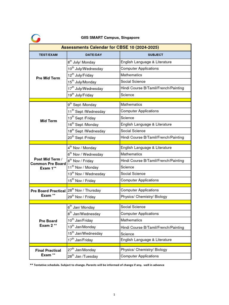 Assessments Calendar For CBSE 10 (2024-2025) : GIIS SMART Campus ...