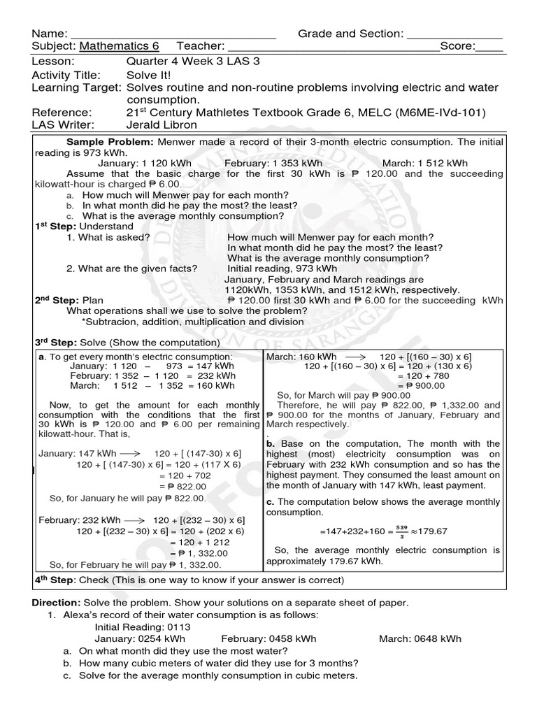 Grade 6 Math: Solve Utility Problems | PDF