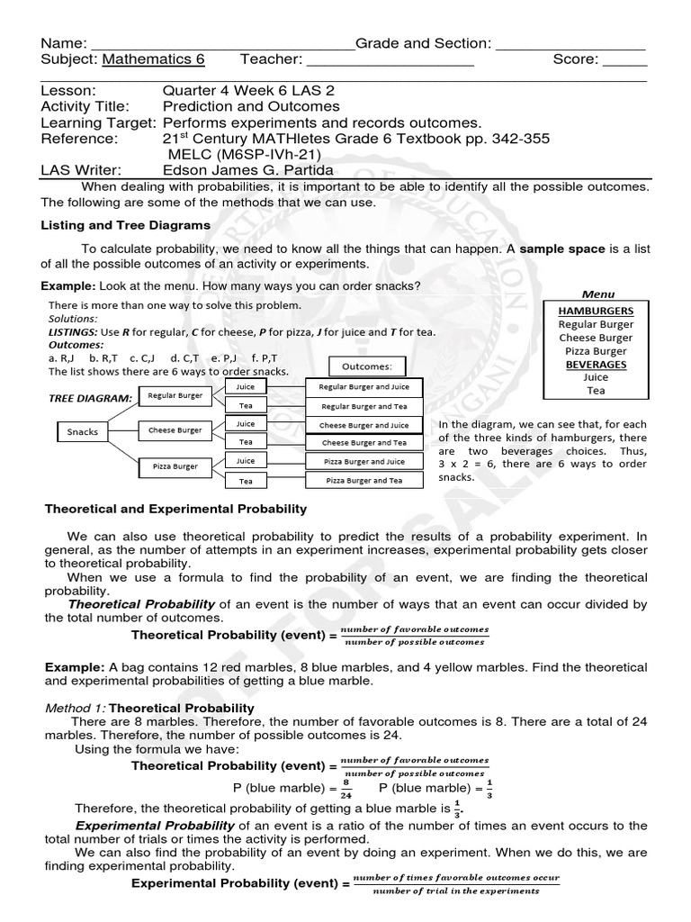Math 6-Week 6-LAS2 - Final | PDF | Probability | Experiment