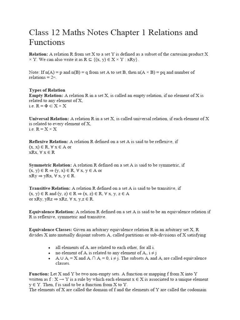 Class 12 Maths Notes Chapter 1 Relations and Functions | Download Free ... Class 12 Maths Notes Chapter 1 Relations and Functions | Download Free ...
