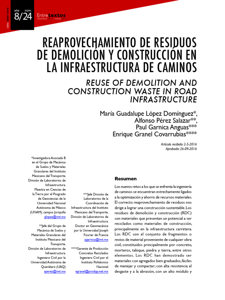 Reaprovechamiento de Residuos de Demolición Y Construcción en La Infraestructura de Caminos ...