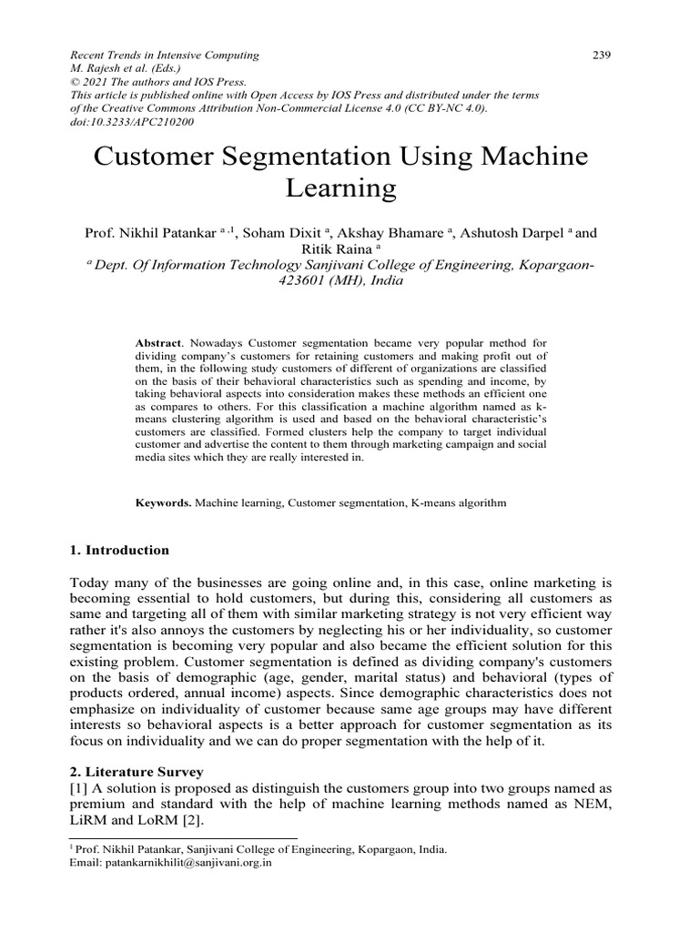 Customer Segmentation Using Machine Learning Download Free Pdf