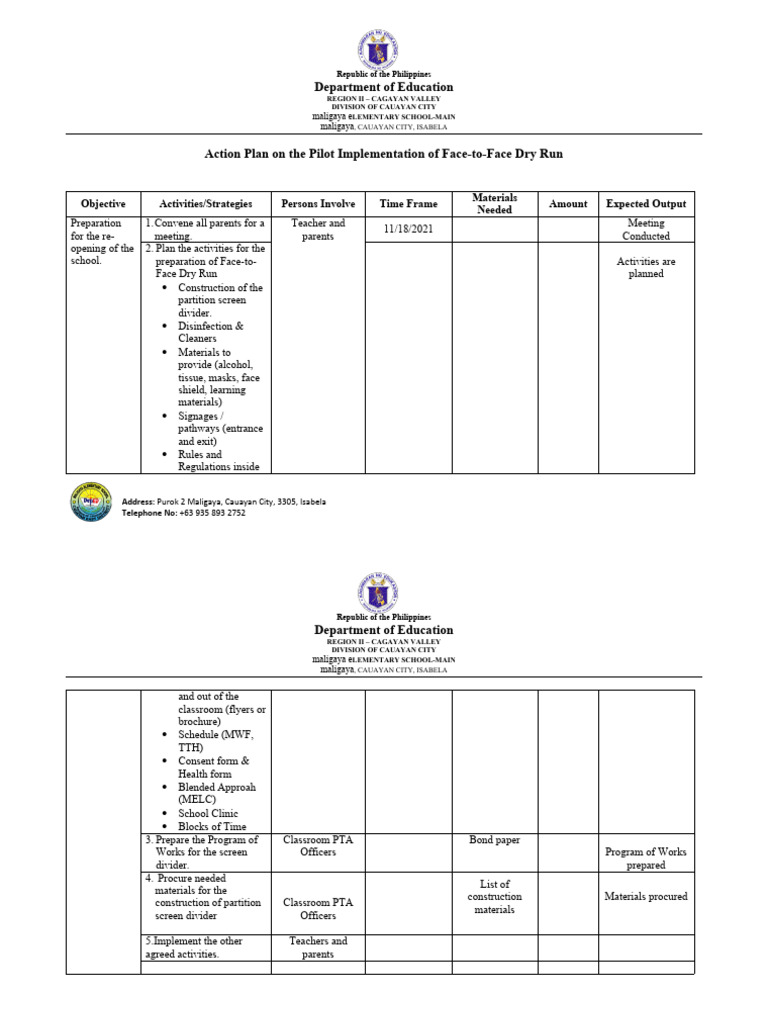 Action Plan On The Pilot Implementation of F2f '21 | PDF | Government | Philippines