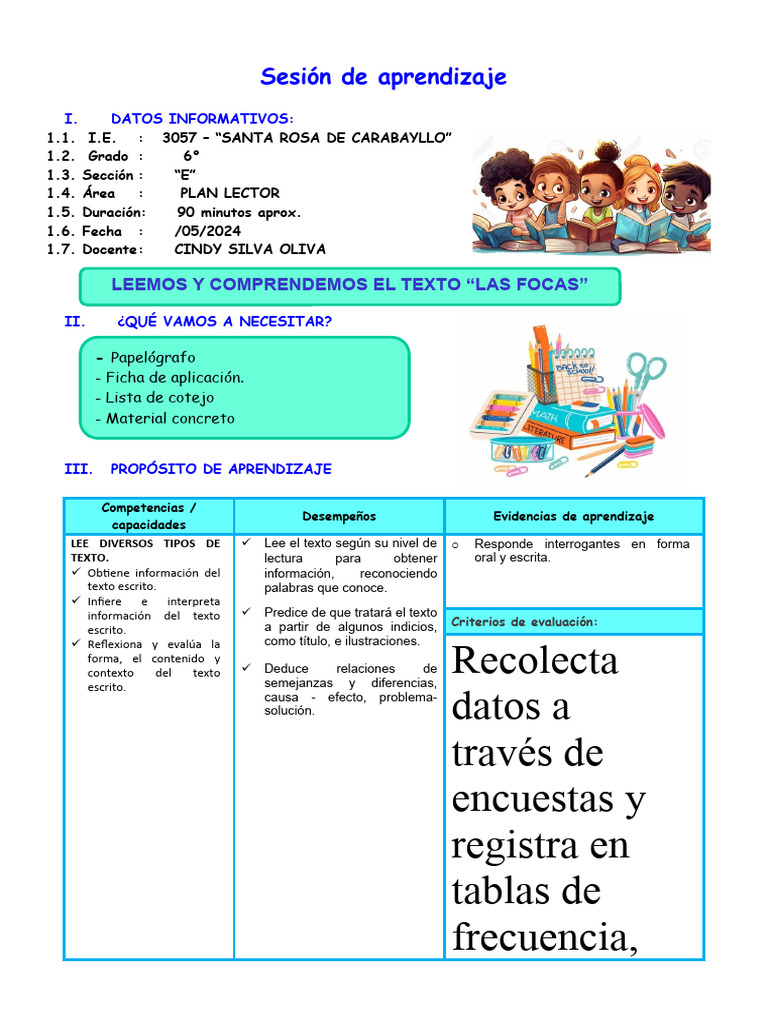 Plan Lector: Sesión sobre Focas | PDF | Aprendizaje | Cognición