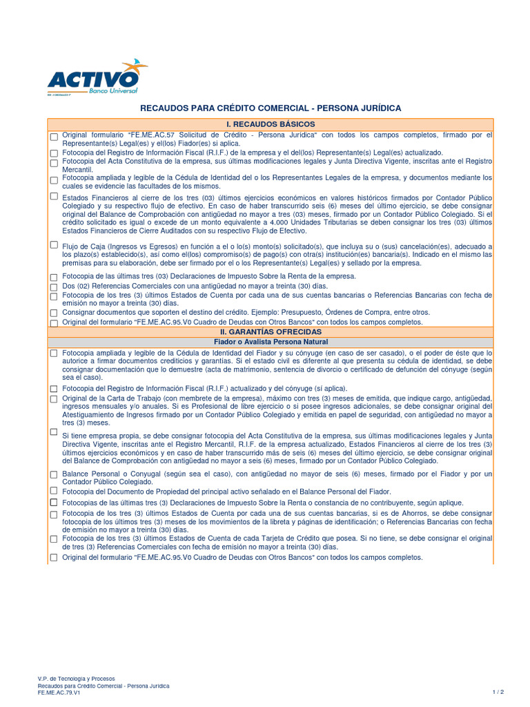 FE - ME - .AC - .79.V1 Recaudos para Credito Comercial Persona Juridica | PDF | Contabilidad ...