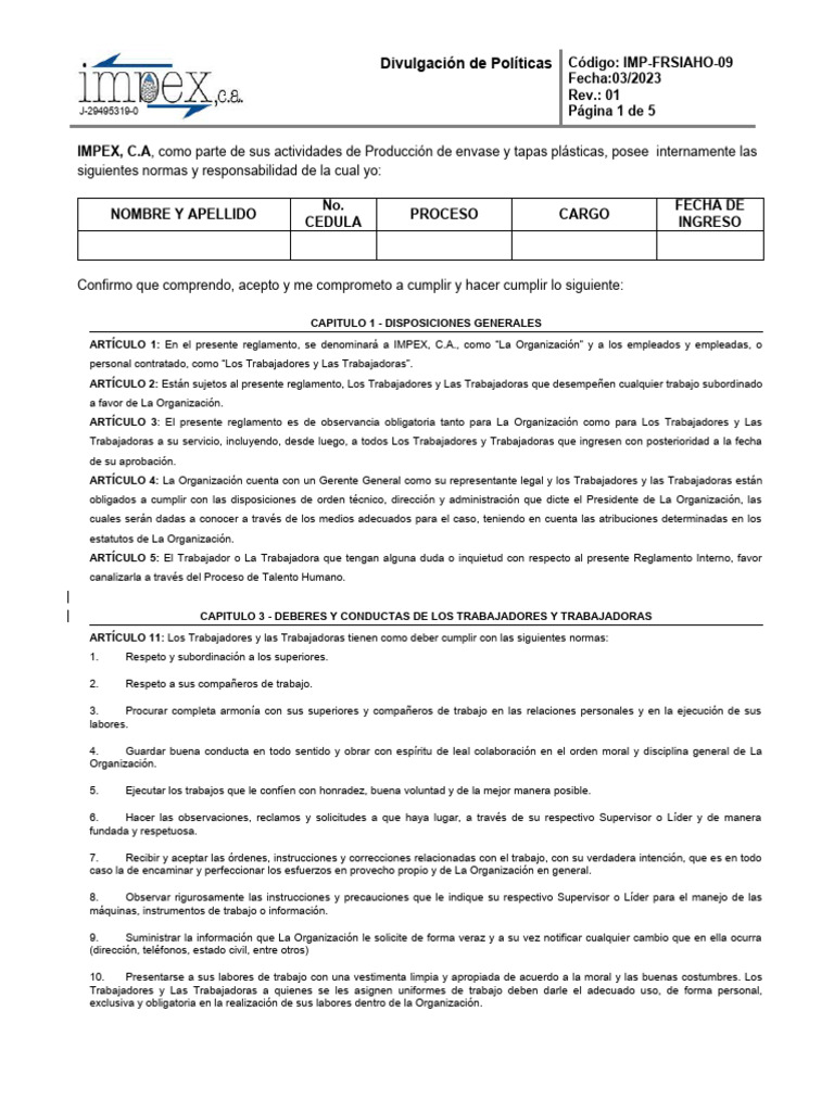Imp-Frsiaho-09 Normativa Impex C.A Siaho | PDF | Seguridad y salud ...