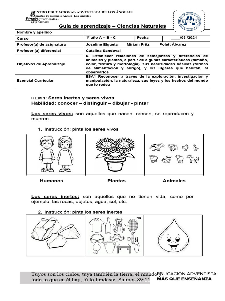 Guía de Aprendizaje Seres Inertes y Vivos, Caracteristicas de Los ...