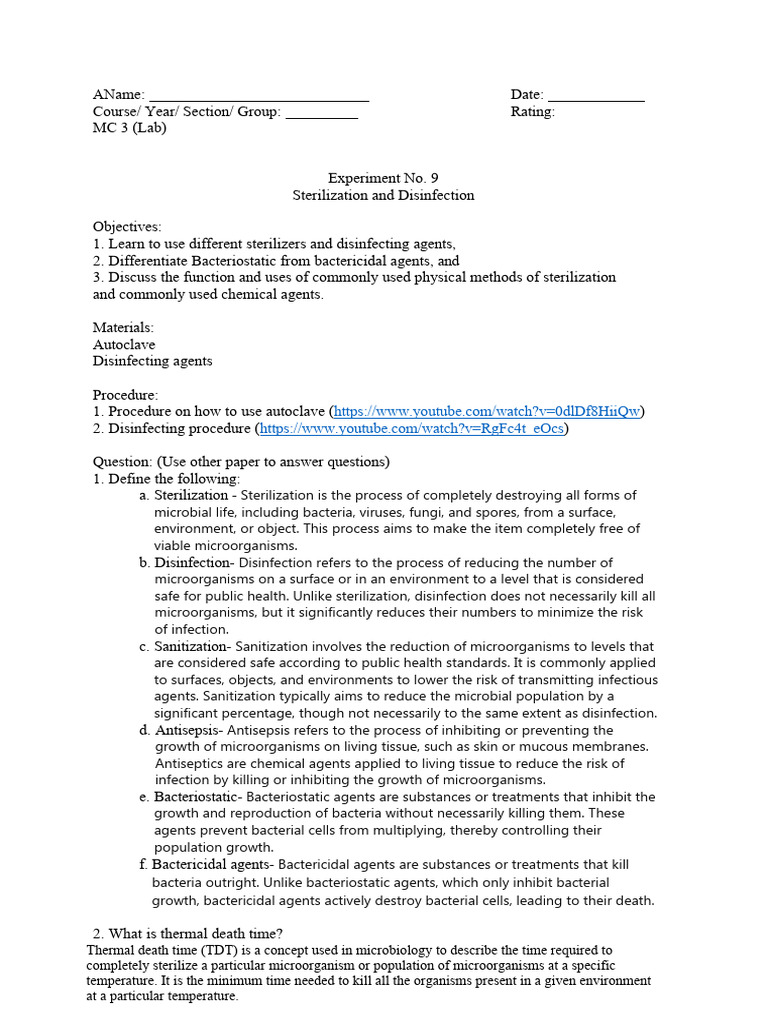 Exp 9. Sterilization & Disinfection | PDF | Disinfectant | Sterilization (Microbiology)