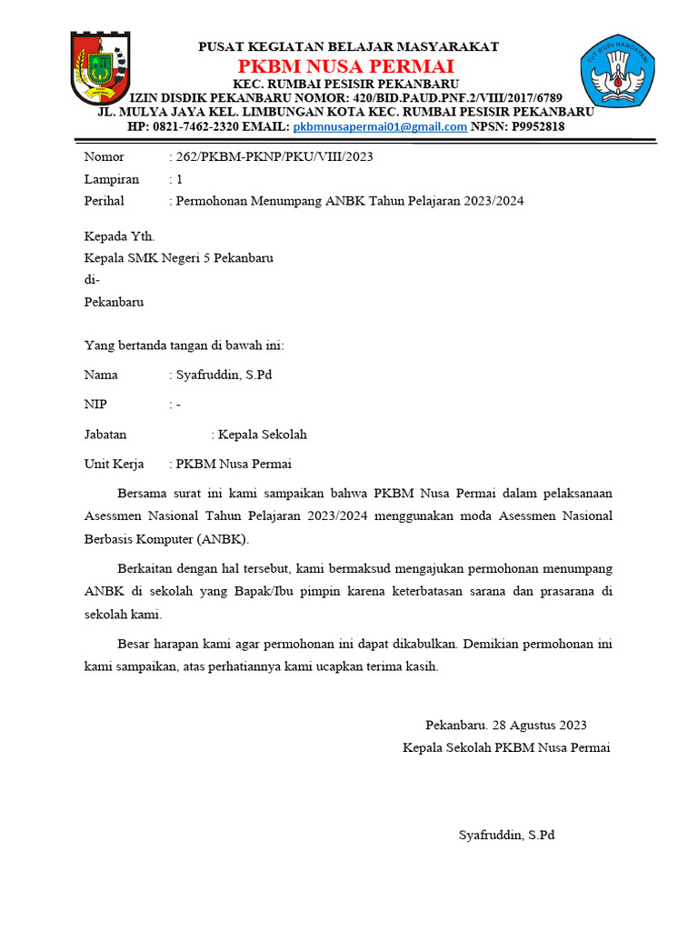 Surat Permohonan Menumpang ANBK | PDF