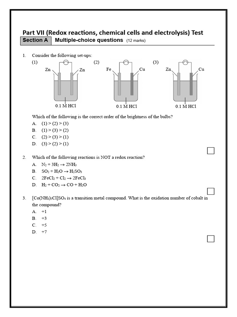 Part 7 (Redox Reactions, Chemical Cells and Electrolysis) Test ...