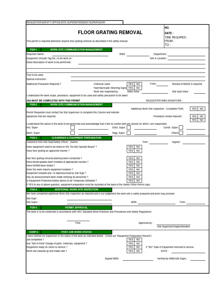 Grating Removal Permit Requirements | PDF | Safety | Occupational ...