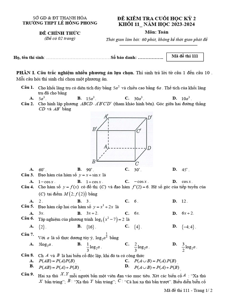 De Cuoi Hoc Ky 2 Toan 11 Nam 2023 2024 Truong THPT Le Hong Phong Thanh Hoa | PDF