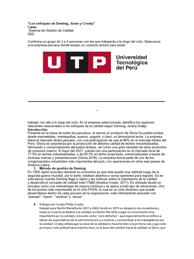 Aplica Los Enfoques de Deming, Juran y Crosby - Gloria | PDF | Calidad ...