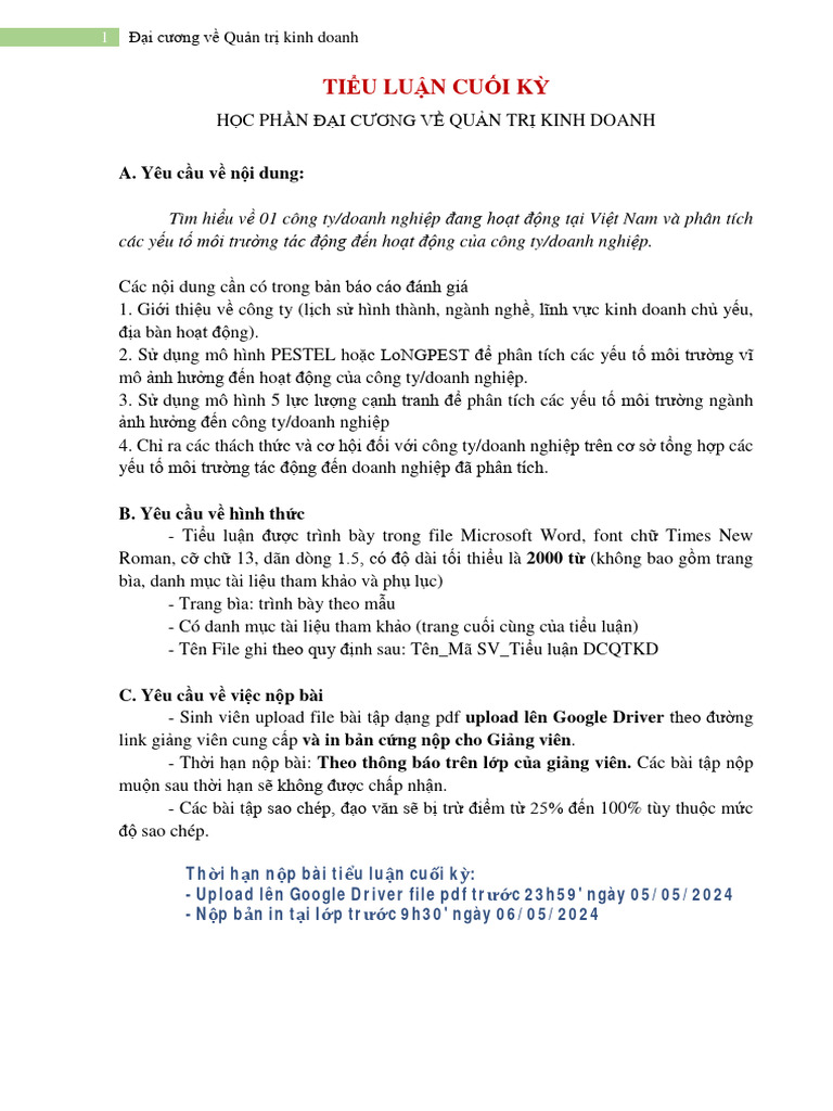 Tieu Luan Cuoi Ky Dai Cuong QTKD HKII (2023-2024) | PDF