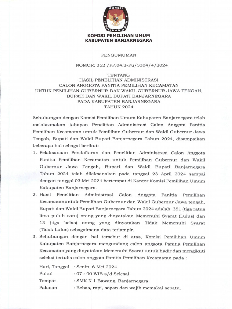 352 - Pengumuman Hasil Seleksi Administrasi Calon Anggotab PPK Pilkada Tahun 2024 | PDF