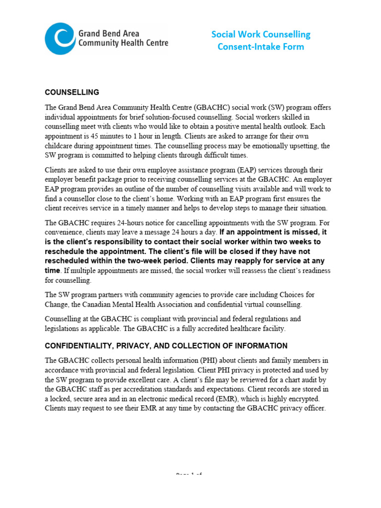 SW 1.1a Social Work Counselling Intake Consent Form | PDF | Social Work ...