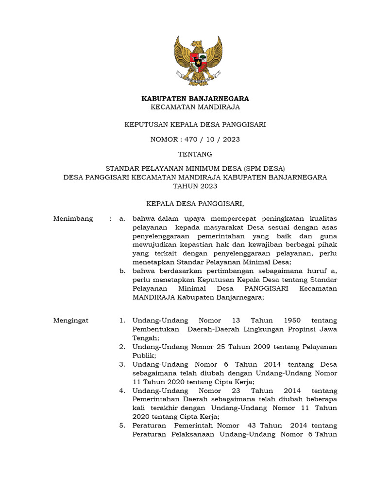 Standar Pelayanan Minimal Desa (SPM) - 1 | PDF