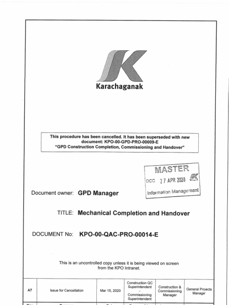 Mechanical Completion and Handover Procedure | PDF
