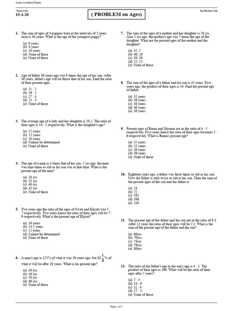 problem on ages | PDF | Mathematics | Elementary Mathematics