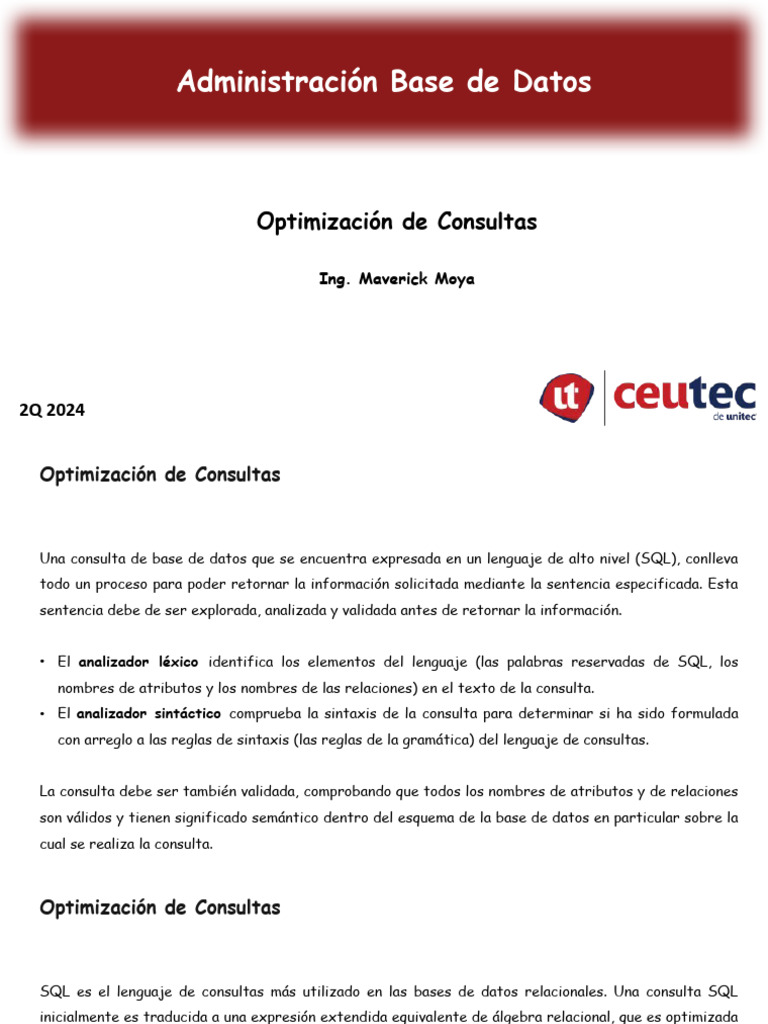 Administración de Base de Datos - Optimización de Consultas | PDF | Analizando | SQL