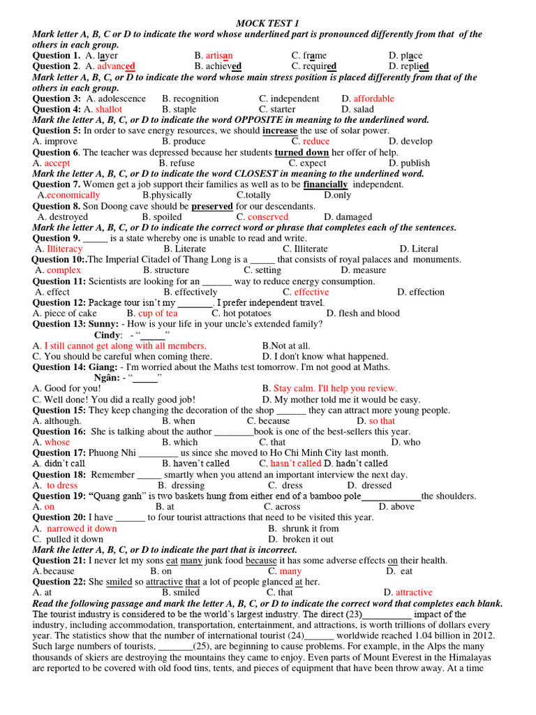 Mock English Test for Pronunciation and Vocabulary | PDF | Autism ...
