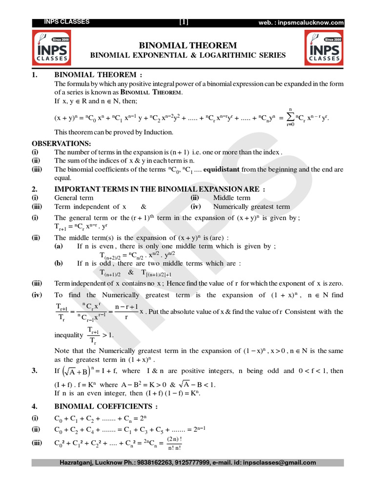 Binomial Theorem and Series Guide | PDF | Mathematical Analysis | Mathematics