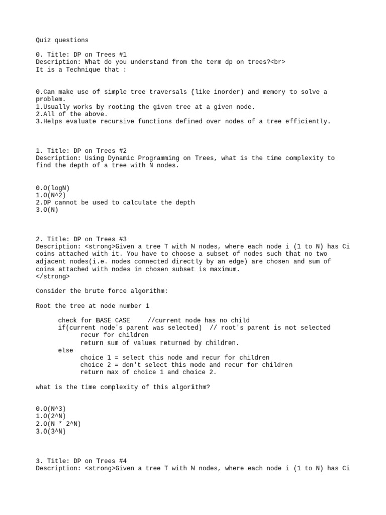 4.QuizDynamicProgrammingonTrees (Quiz) | PDF | Time Complexity | Computational Complexity Theory