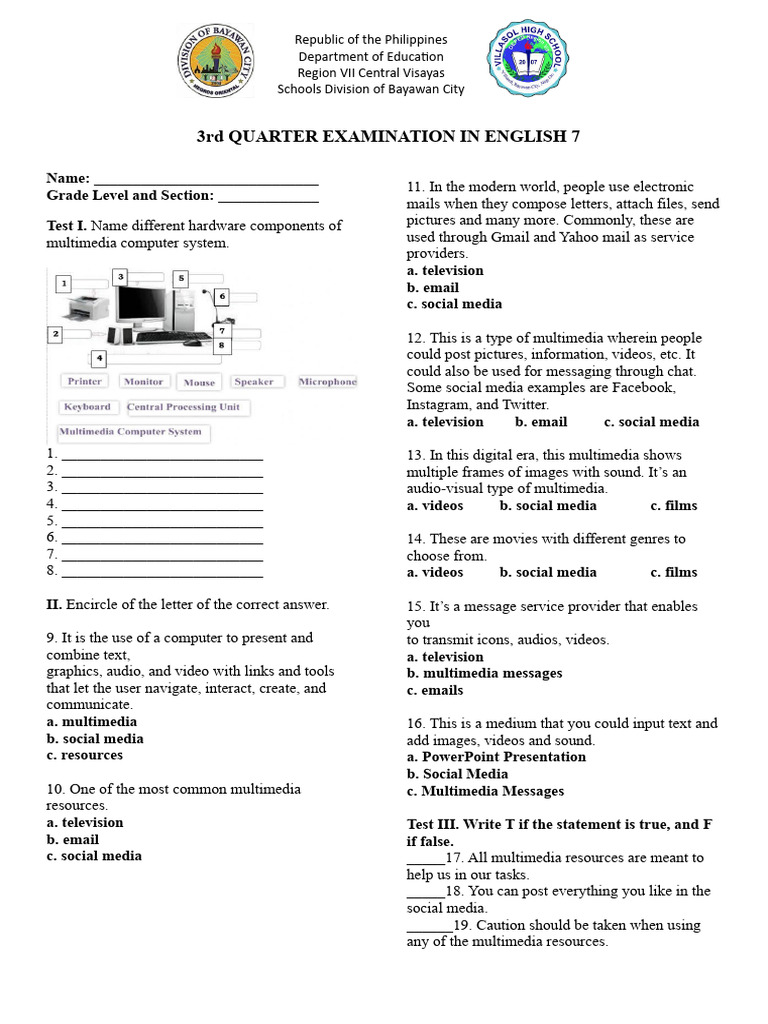 3RD Quarter Exam in ENGLISH 7 REGULAR | PDF | Multimedia | Social Media