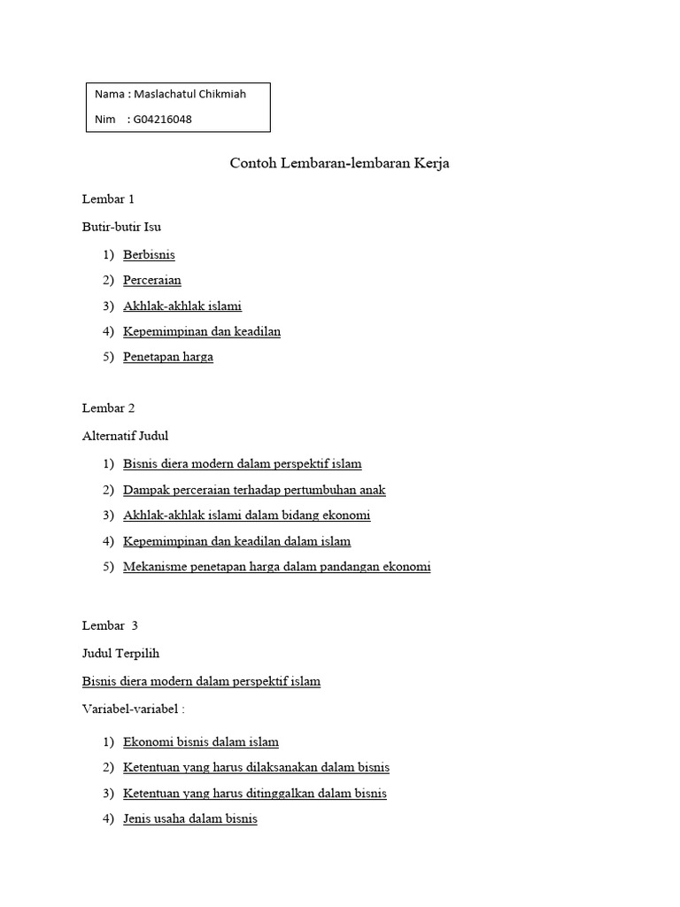 Contoh Lembaran-Lembaran Kerja | PDF