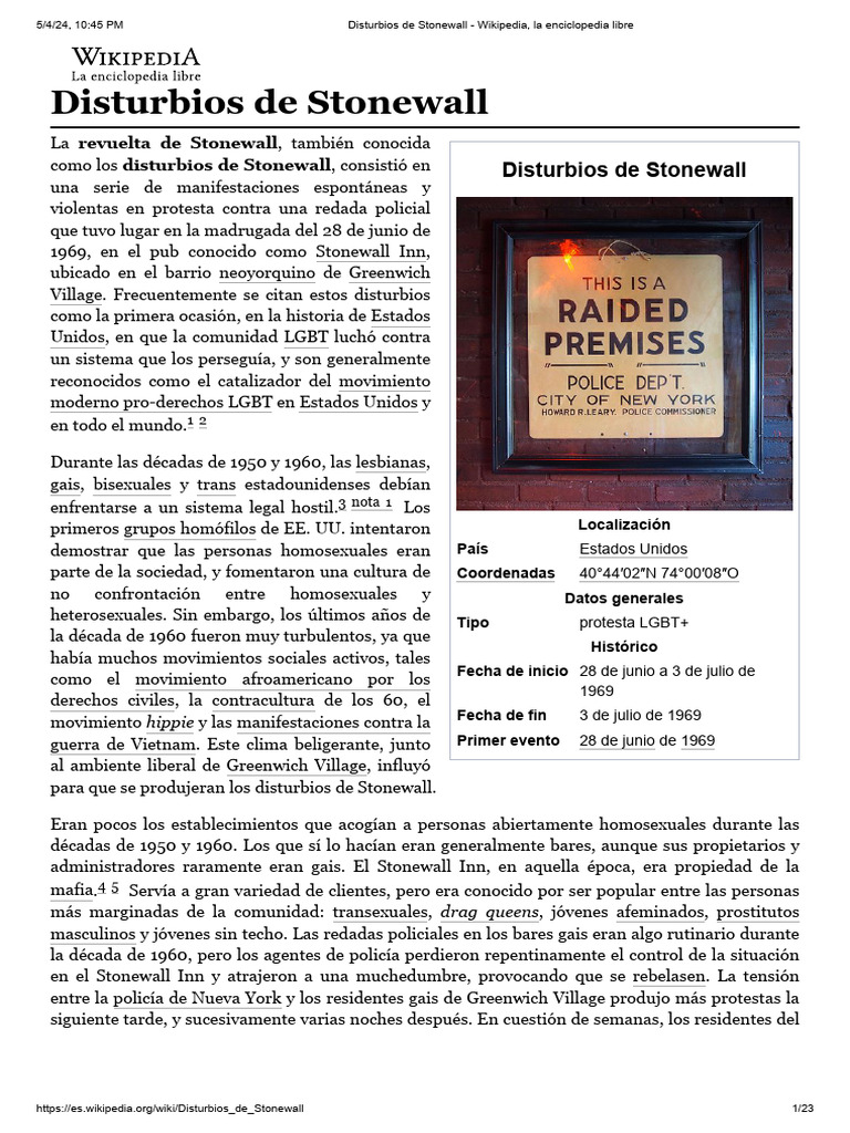 Disturbios de Stonewall - Wikipedia, La Enciclopedia Libre | PDF | LGBT | Estudios LGBTQIA+