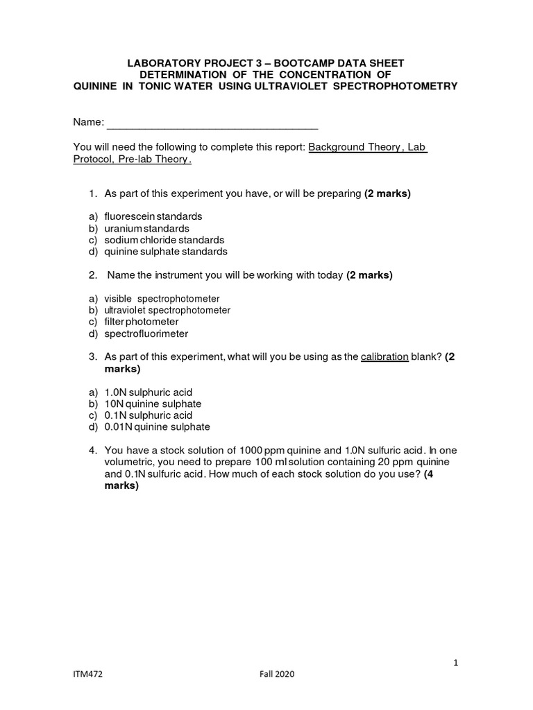 LABORATORY PROJECT 3 – BOOTCAMP Data Sheet Fall 2020 | PDF | Spectrophotometry | Ultraviolet ...
