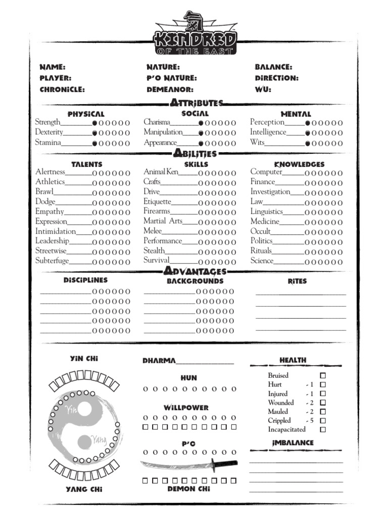 WOD - Kindread of The East - Character Sheet | PDF