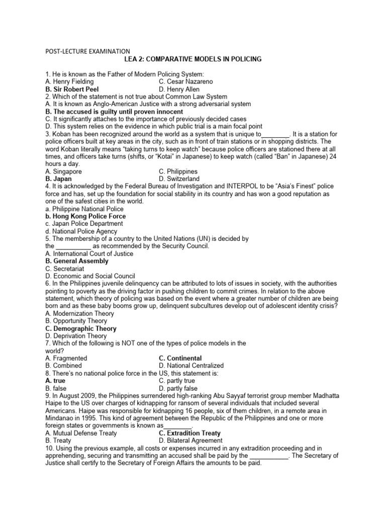 LEA 2: Comparative Policing Models Exam | PDF | Police | Crime & Violence