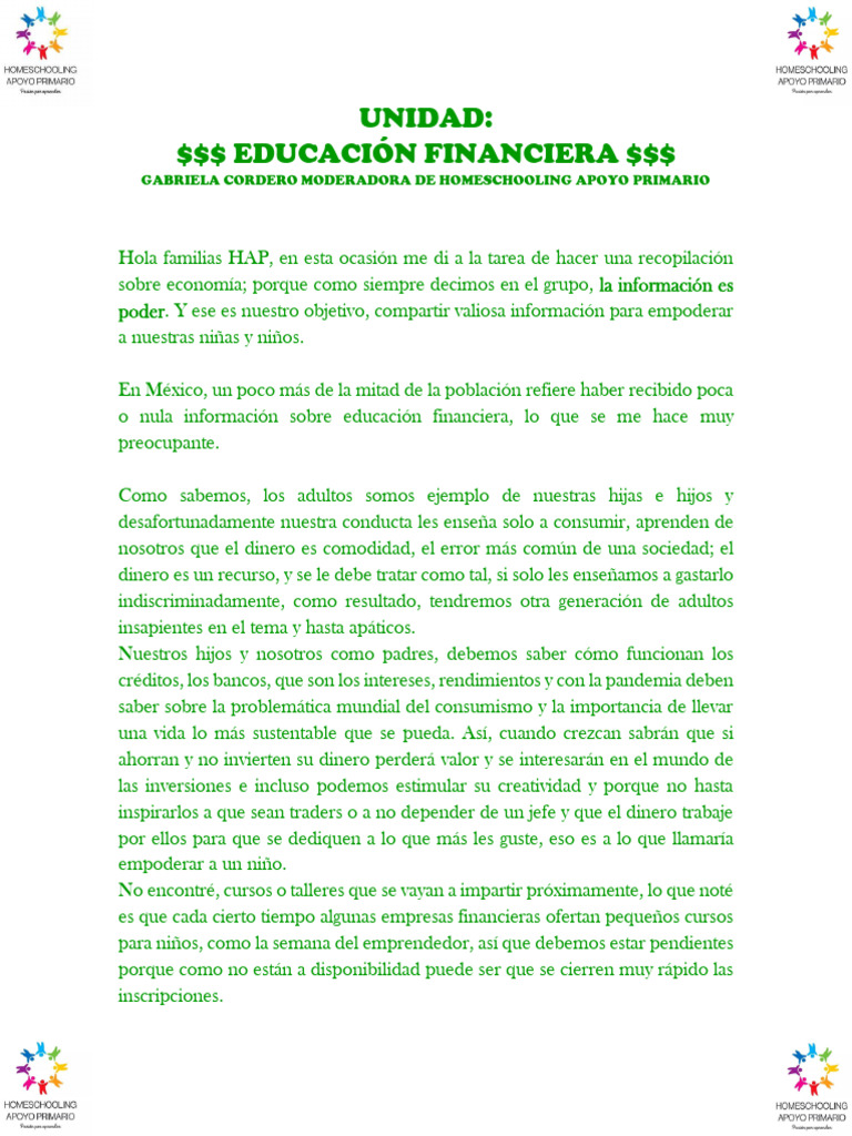 Unidad Educacion Financiera Hap | PDF | Educación financiera | Finanzas ...